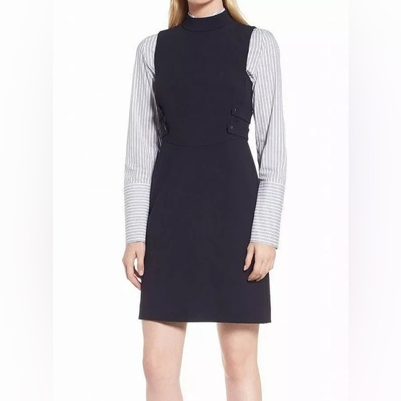 Lewit | Dresses | Lewit Mock Neck Military Detail Sheath Dress In Navy ...